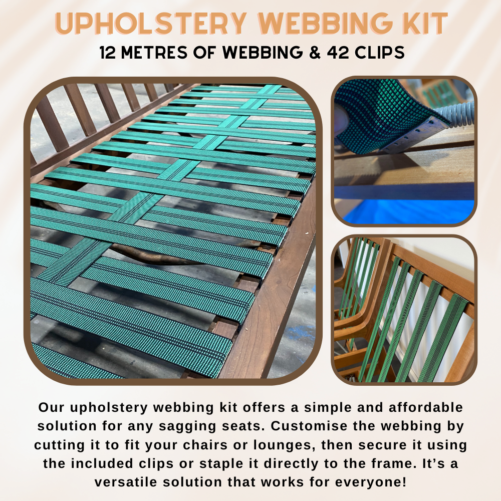 Upholstery Webbing Repair Kit 12 Metres 40 Clips – Restorers Choice